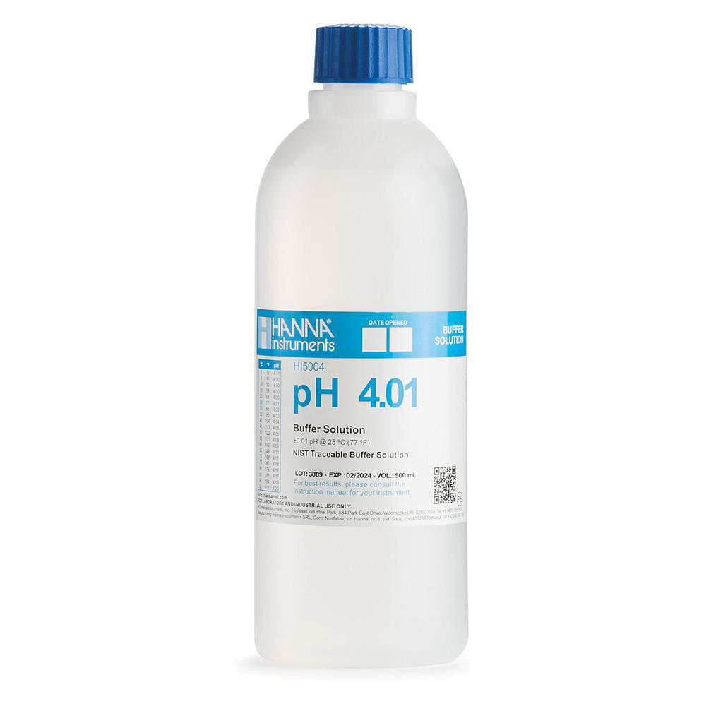 Buffer de calibración técnica de pH 4.01 (500 mL) Hanna Instruments HI5004 | Equipamiento Cientifico